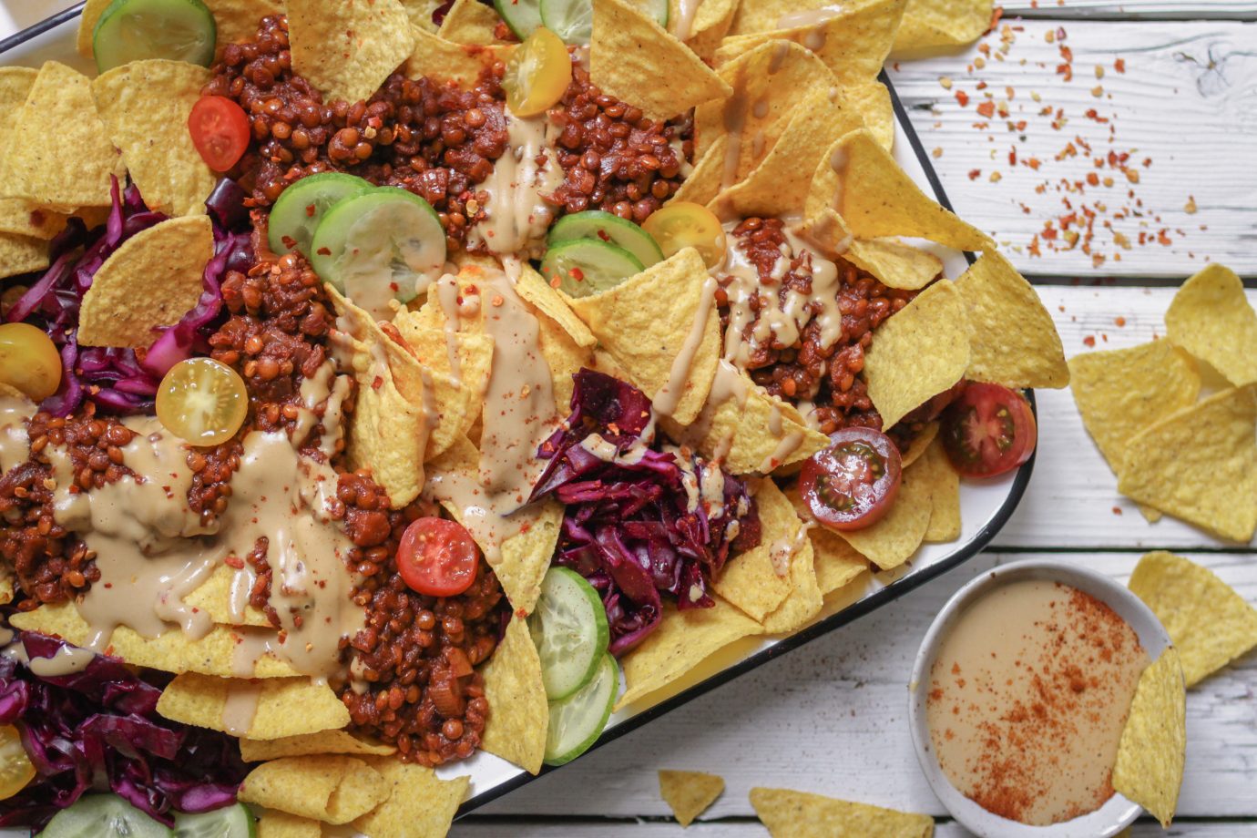 Taco Chips with Lentil Sauce & Cashew Cheese • veggies | vegan