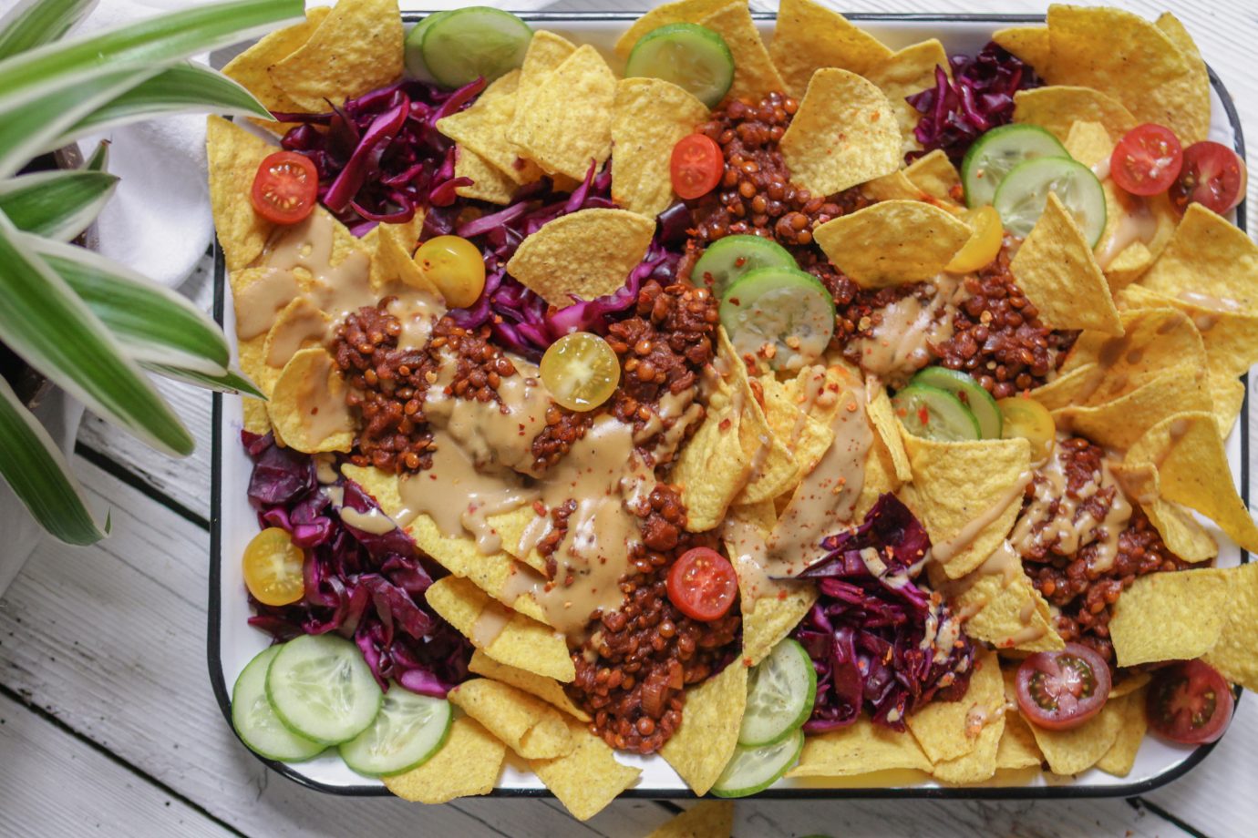 Taco Chips with Lentil Sauce & Cashew Cheese • veggies | vegan