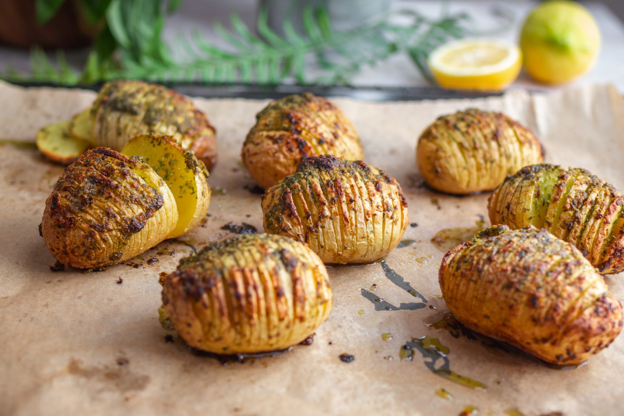Hasselback-Kartoffeln mit Bärlauchpesto und Bohnen-Hummus • veggies | vegan